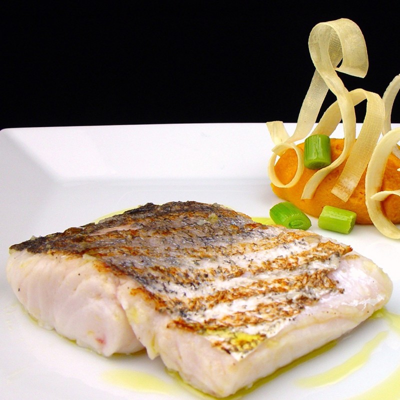 Grilled hake with pumpkin purée