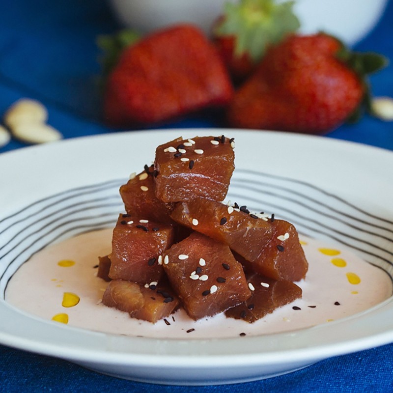 Marinated tuna on strawberry ajoblanco